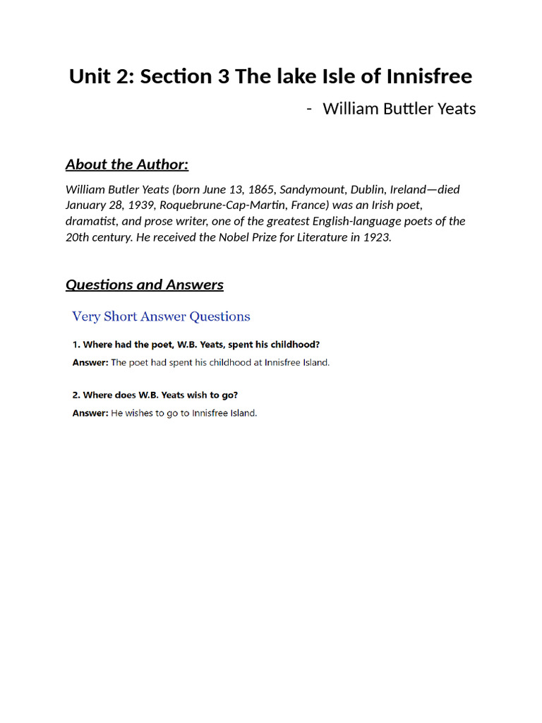 Unit 2 Le - 1 The Lake Isle of Innisfree | PDF