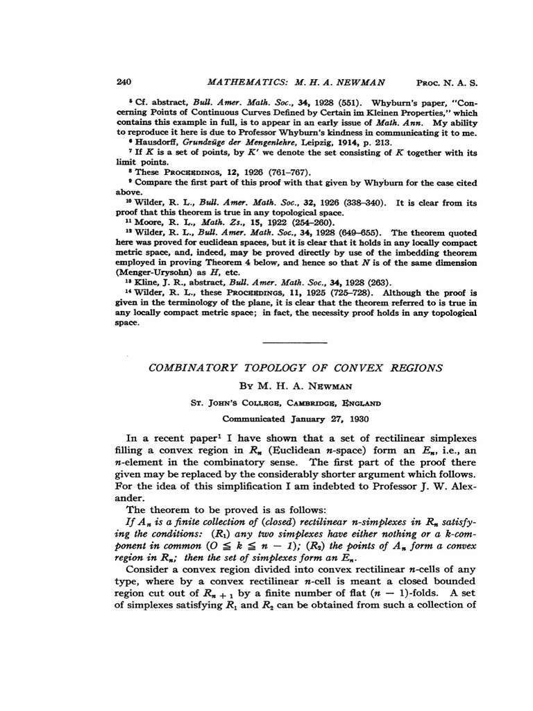 Newman M. H.-Combinatory Topology of Convex Regions (1930) | PDF | Compact Space | Convex Set