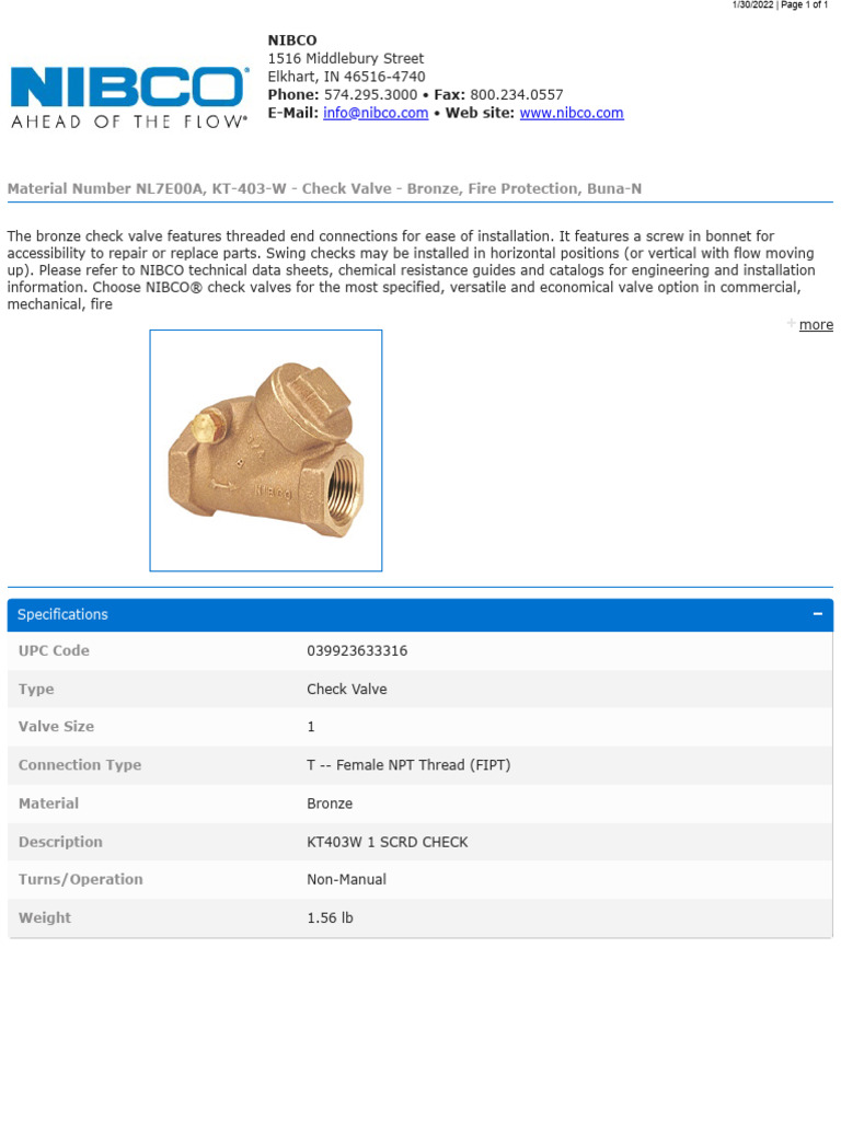 NL7E00A KT 403 W CheckValve Bronze FireProtection Buna N | PDF