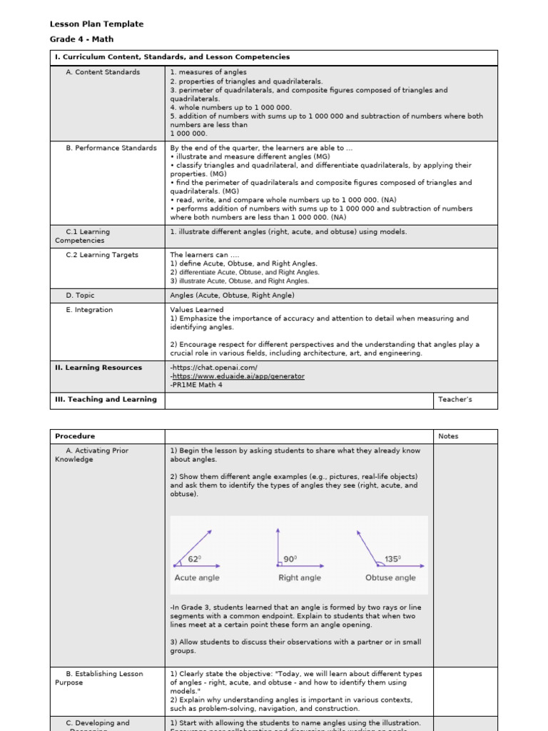 Grade 4 Math Lesson Plan: Angles | PDF | Educational Assessment | Angle