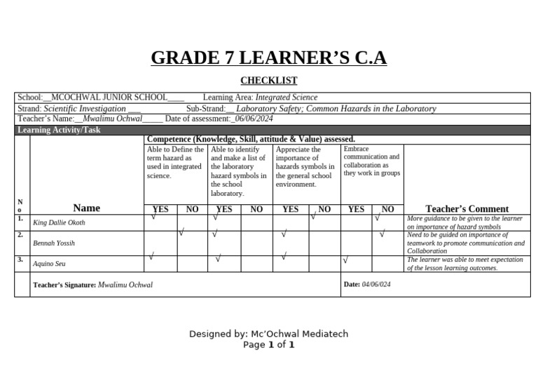 Grade 7 Science Safety Checklist | PDF | Learning | Teaching