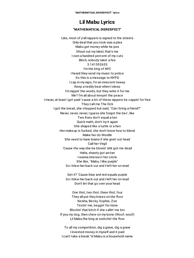 Lil Mabu - MATHEMATICAL DISRESPECT Lyrics | PDF | Popular Music | Musical Subcultures