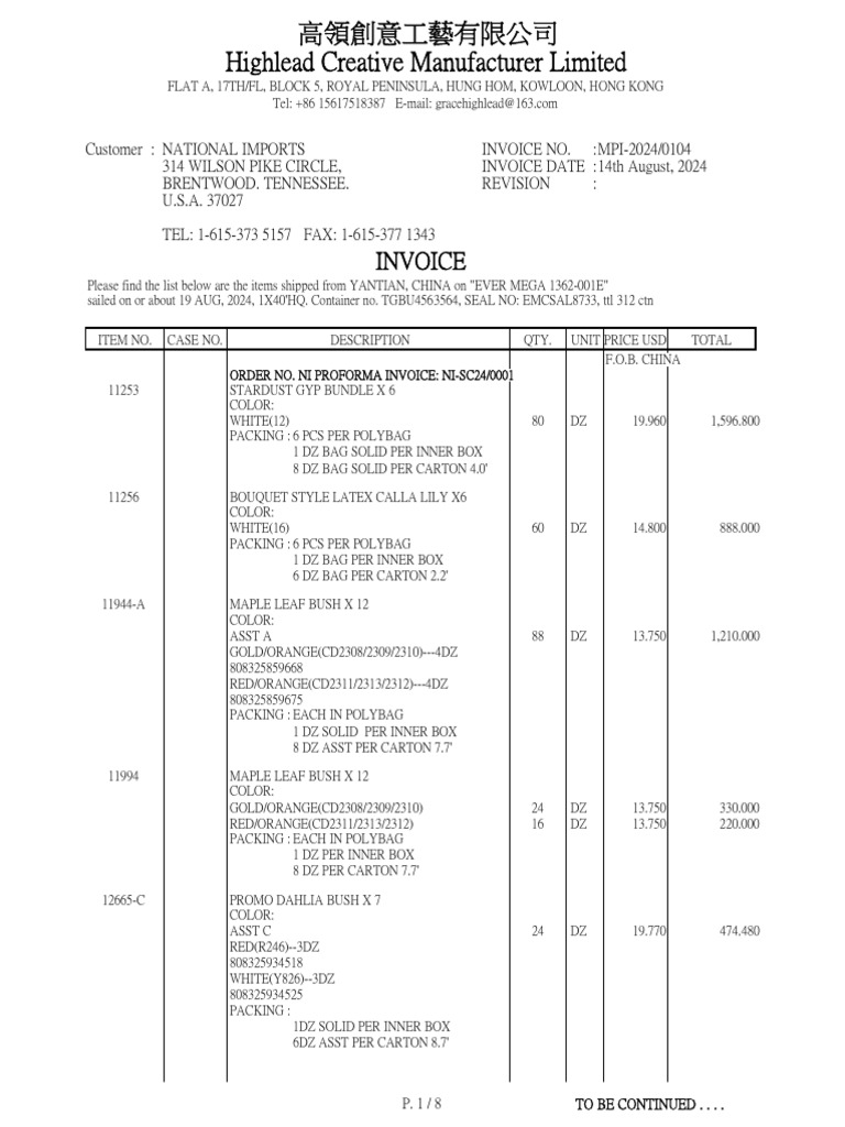 1724893379196 Commercial Invoice 1 AI | PDF | Maple