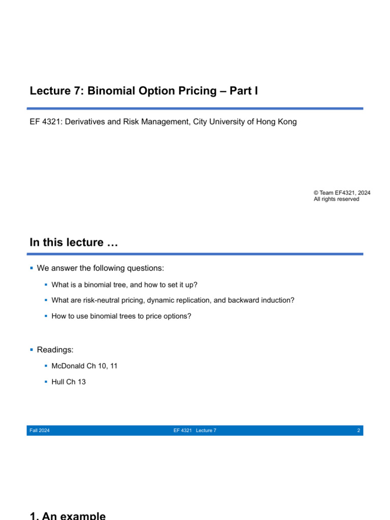 EF4321 F2024 Lecture 7 Binomial Model | PDF | Option (Finance) | Volatility (Finance)