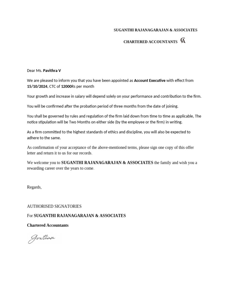Pavithra Appointment Letter SUGANTHI RAJANAGARAJAN | PDF