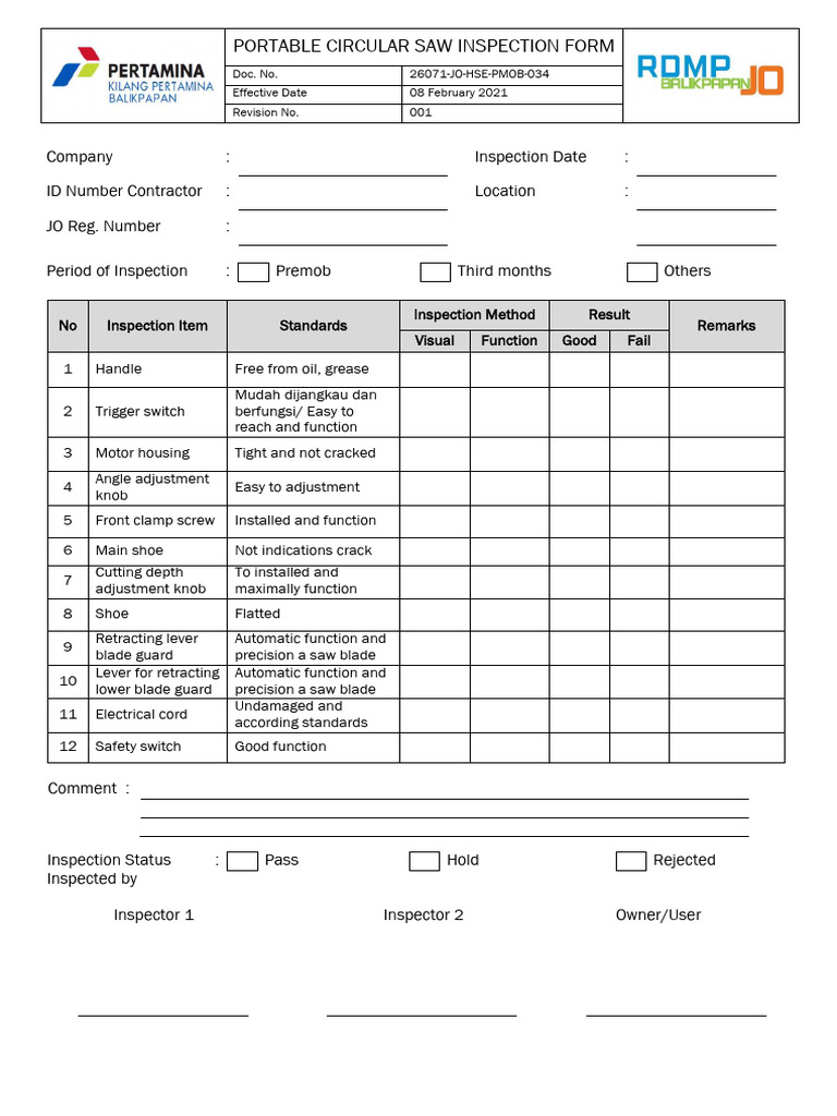 Portable Circular Saw Inspection Checklist | PDF