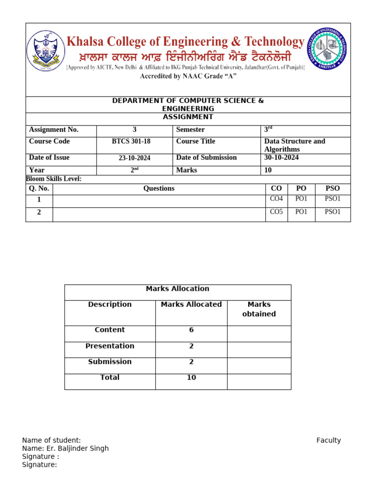 DSA 3 Assignment First Page | PDF