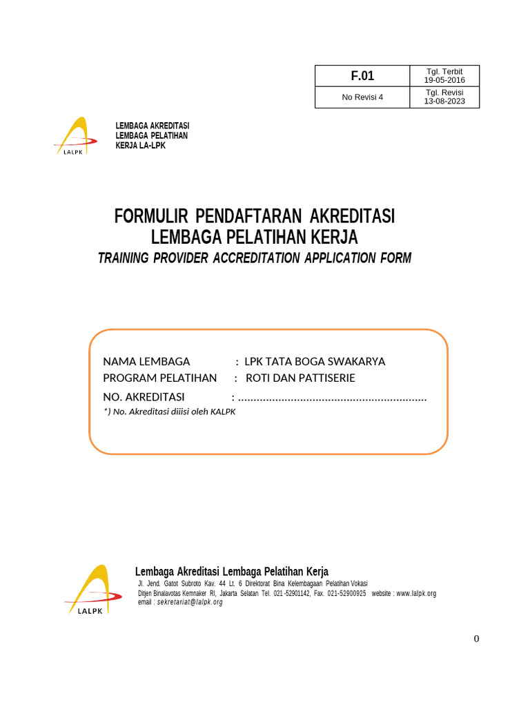 CONTOH F.01 - Formulir Pendaftaran Akreditasi LPK TATA BOGA SWAKARYA | PDF