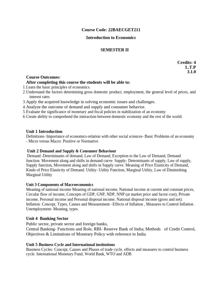 Introduction To Economics Syllabus | PDF | Demand | Supply (Economics)
