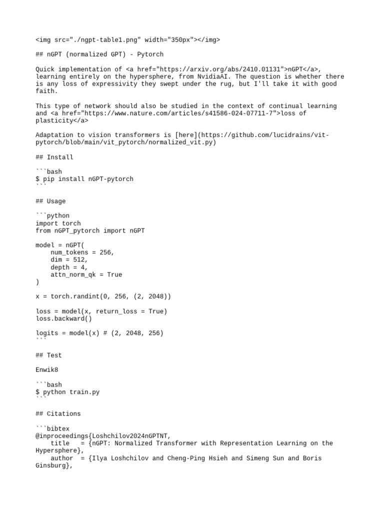 nGPT: Hypersphere Learning in PyTorch | PDF