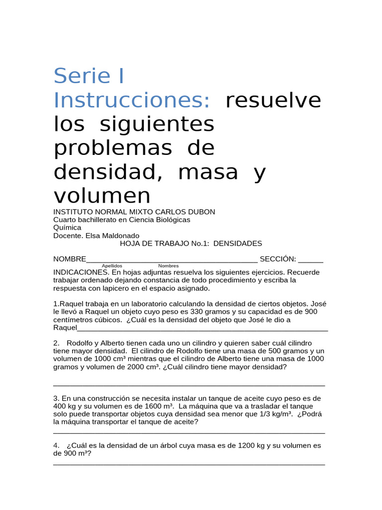 Hoja Trabajo de Densidades | PDF | Densidad | Volumen