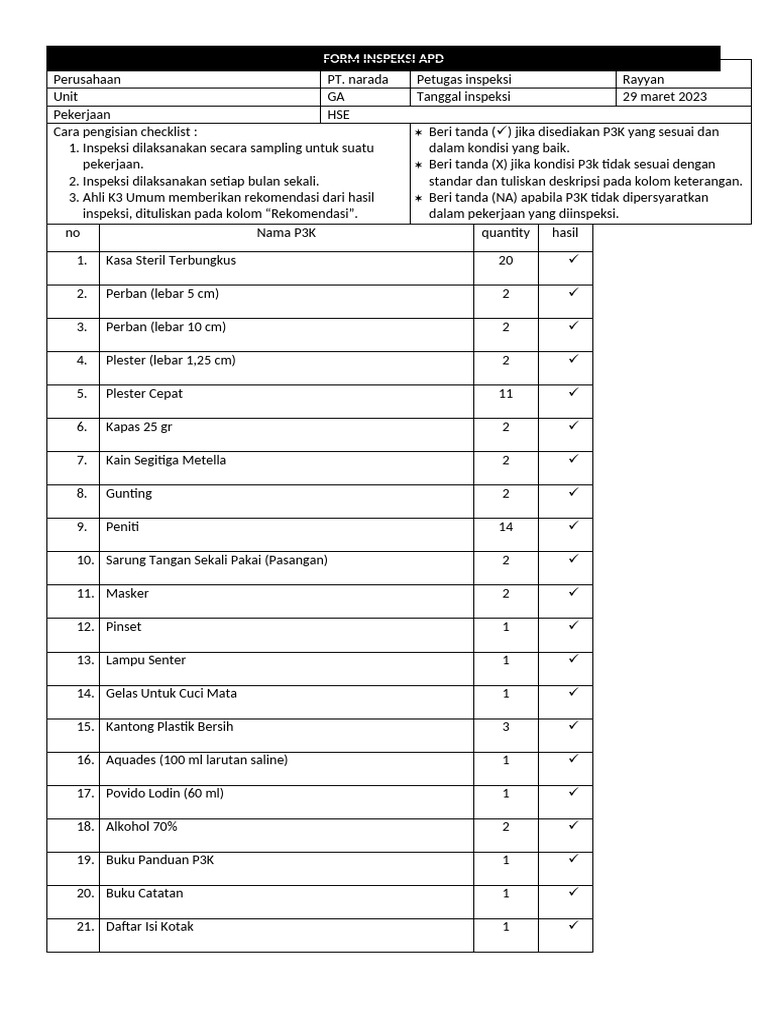 Checklist Inspeksi APD PT. Narada | PDF