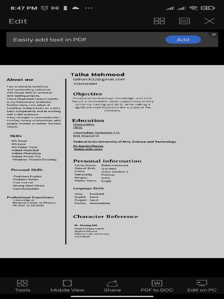 Talha Mehmood CV | PDF