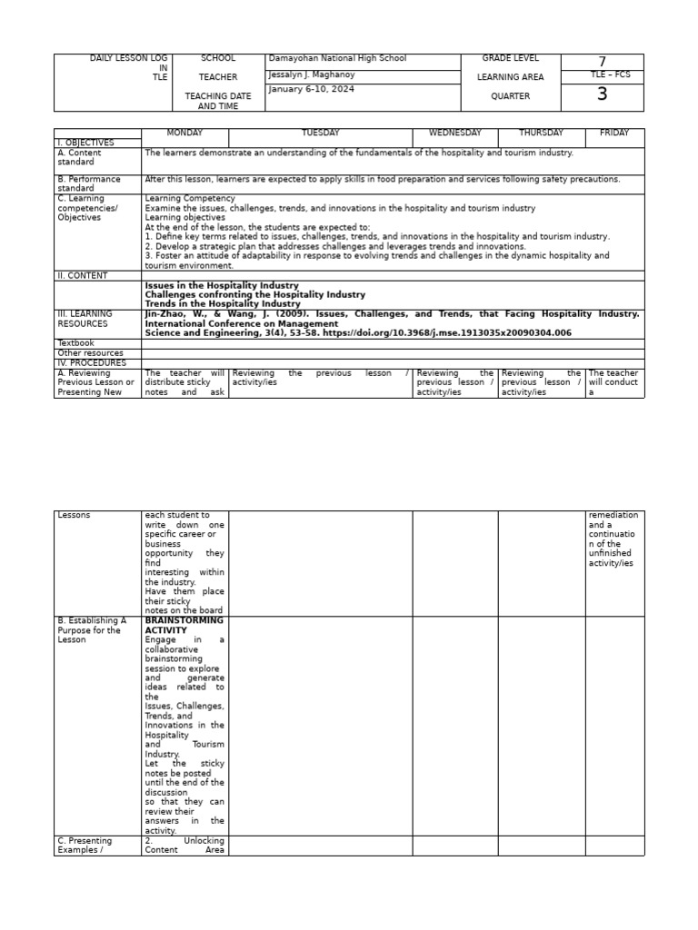DLL IN TLE FCS 7 Q2 WEEK 3 | PDF | Teachers | Learning
