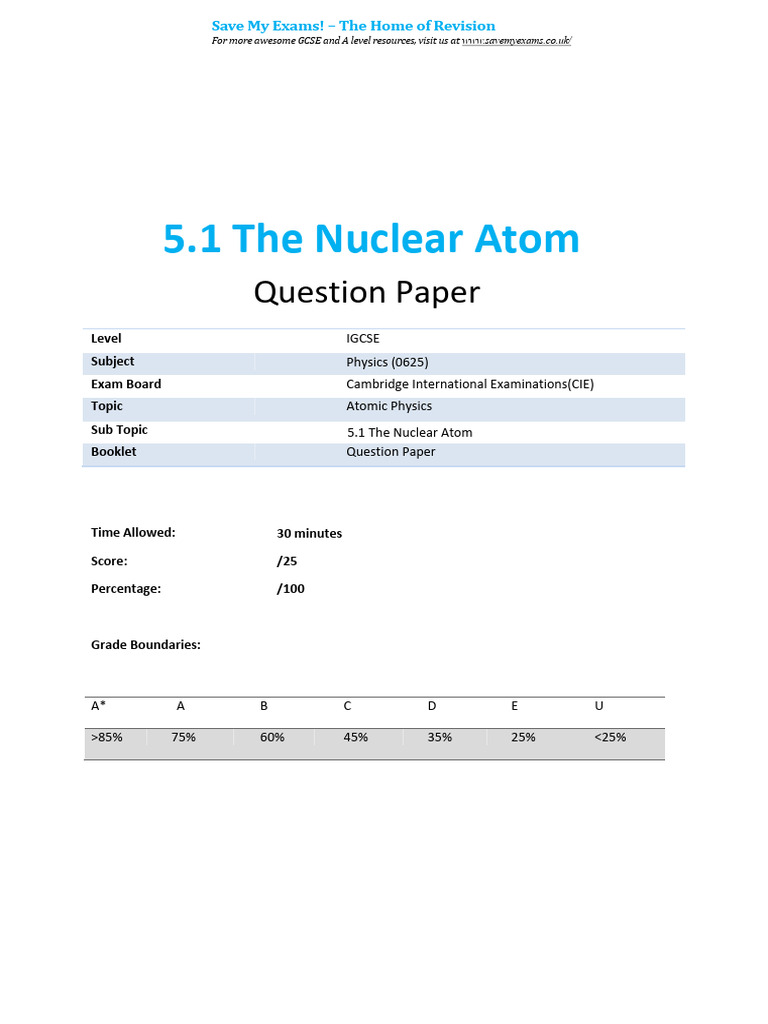 5.1 - The Nuclear Atom QP - CIE IGCSE Physics | PDF | Career And ...