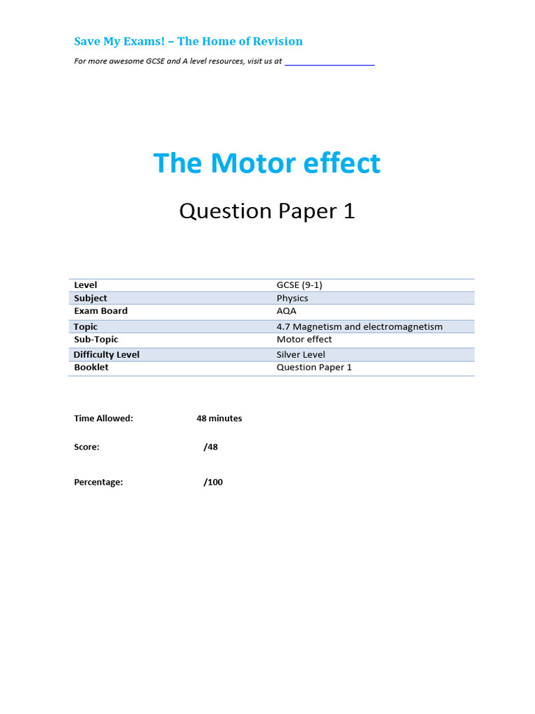 Standard Demand The Motor Effect Qp1 | PDF | Magnetic Field | Electric Current