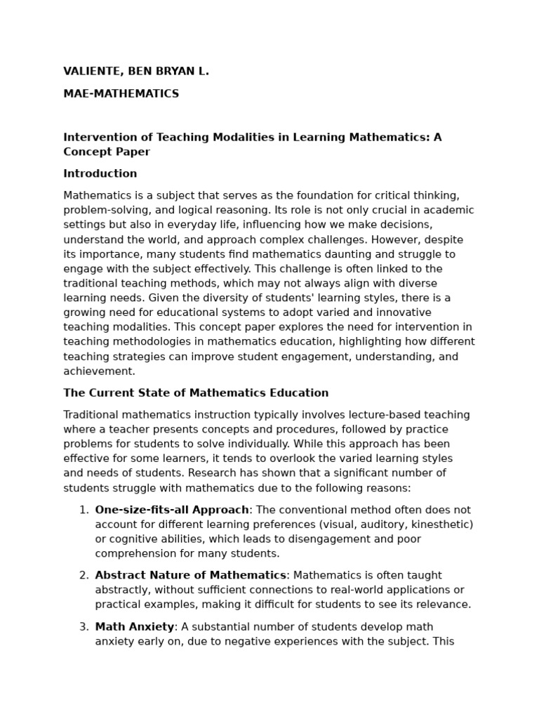 Intervention of Teaching Modalities in Learning Mathematics | PDF ...