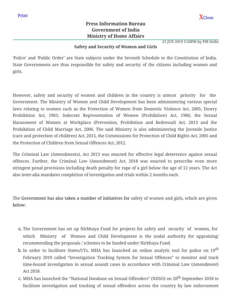 Steps Taken by Govt For Women Safety | PDF | Crimes | Crime & Violence
