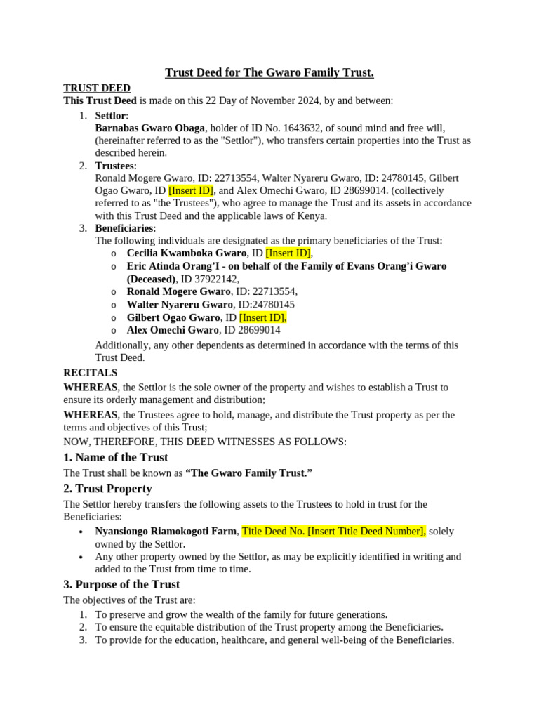 Trust Deed For The Gwaro Family Trust V1 | PDF | Trustee | Beneficiary (Trust)