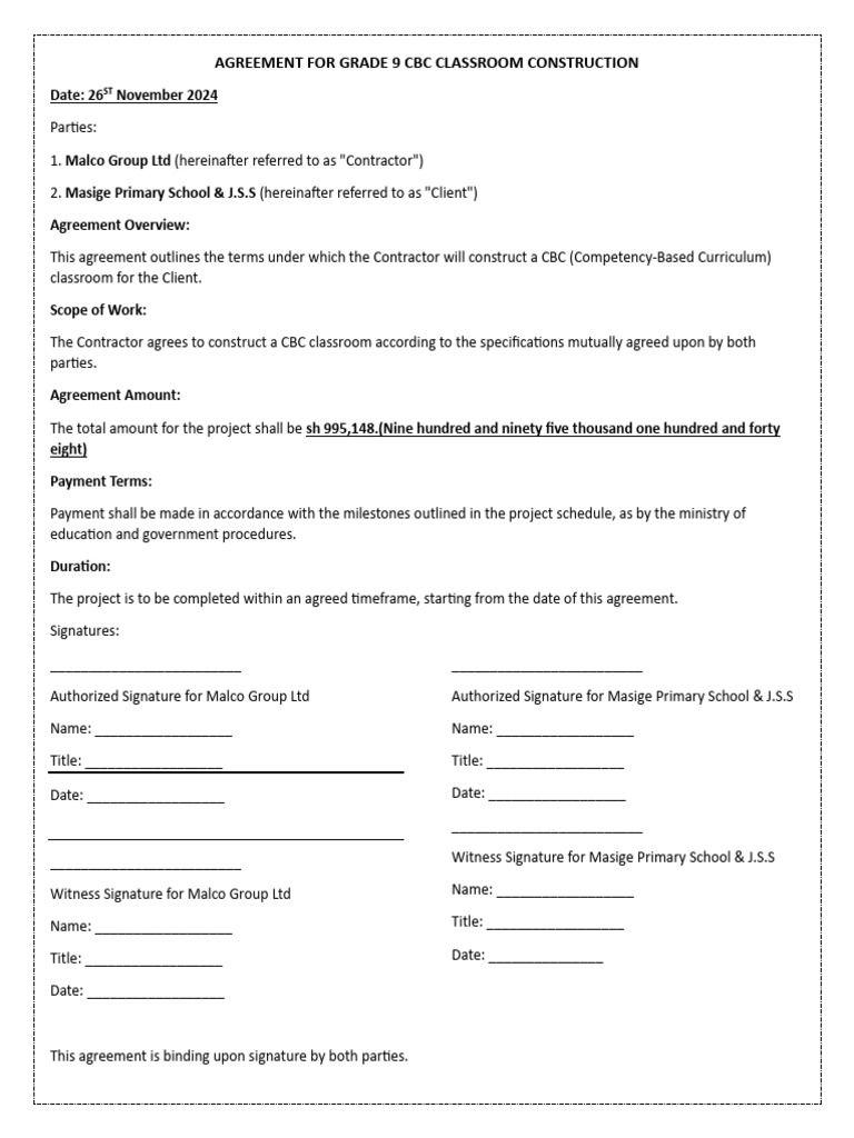 CBC Classroom Construction Agreement | PDF