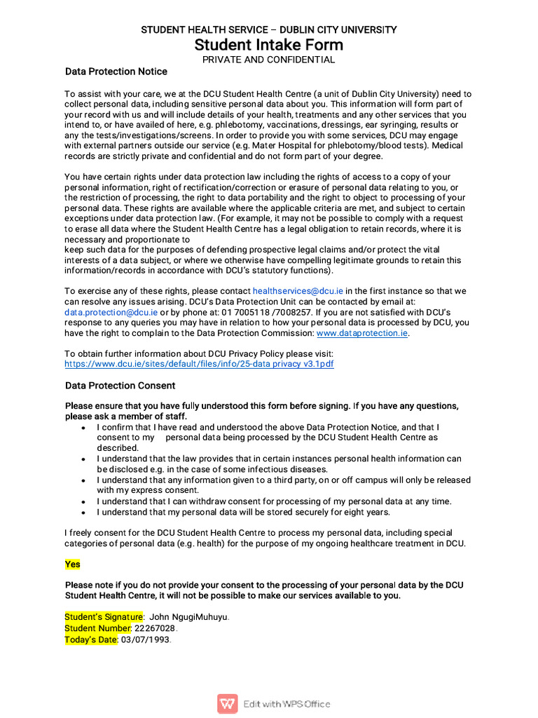 Student intake form | PDF | Consent | Information Privacy