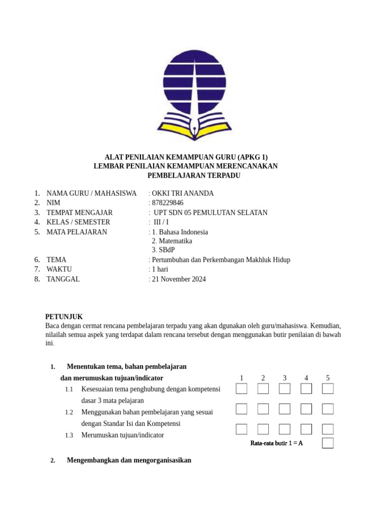 APKG 1 DAN 2 PEMBELAJARAN TERPADU OKKI TRI ANANDA 878229846 | PDF
