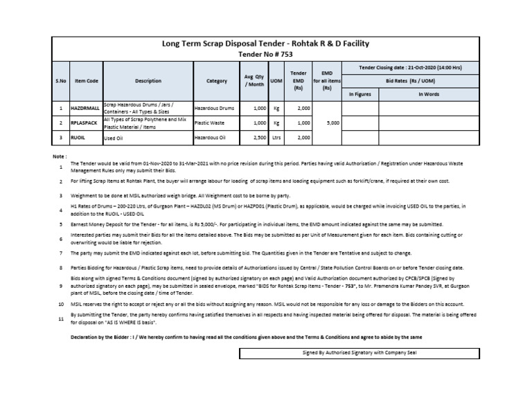 Rohtak Scrap Disposal Tender 753 | PDF | Scrap | Pollution