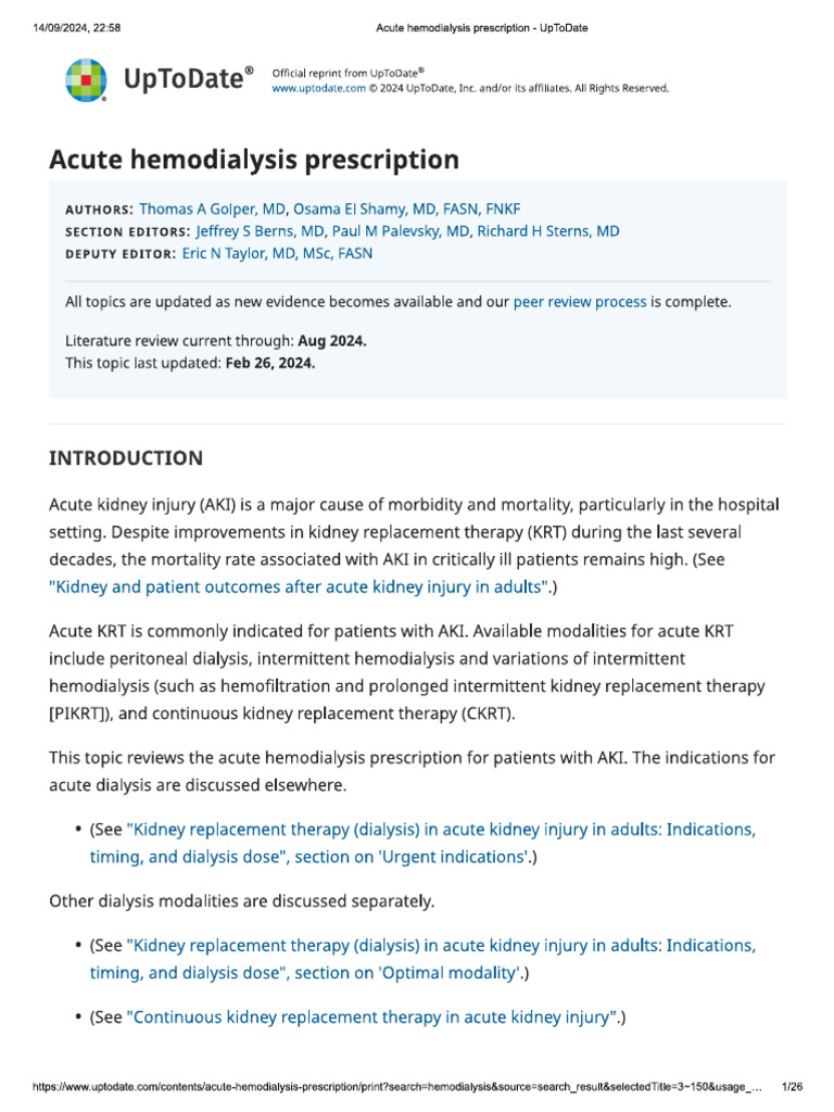 Acute hemodialysis prescription | PDF