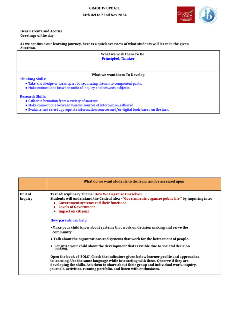 Gr4 HWOO-UNIT UPDATE 2024-25 1 | PDF | English Language | Learning