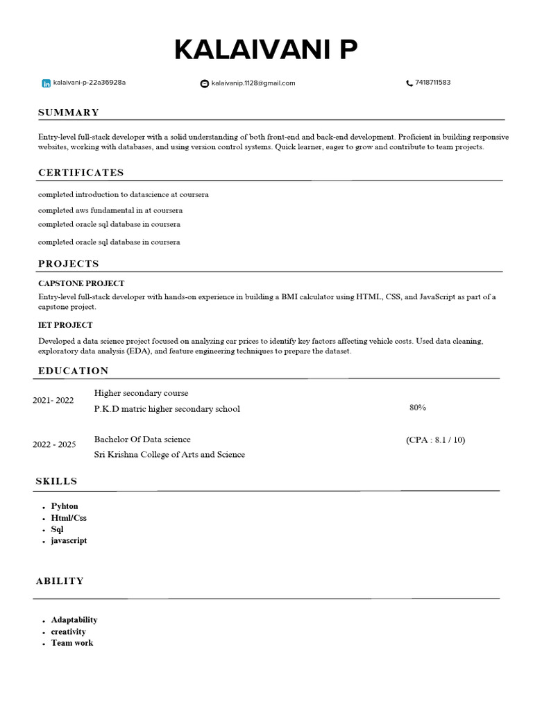 Kalaivani Resume | PDF