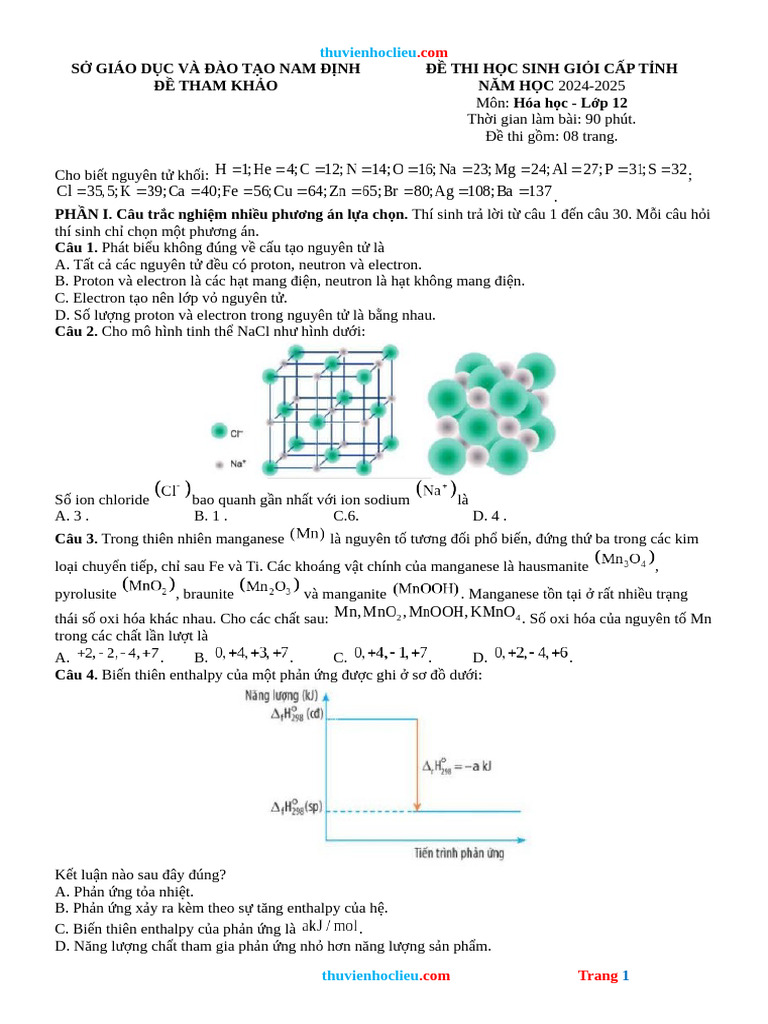 De Thi HSG Hoa 12 So GD Nam Dinh 24 25 | PDF