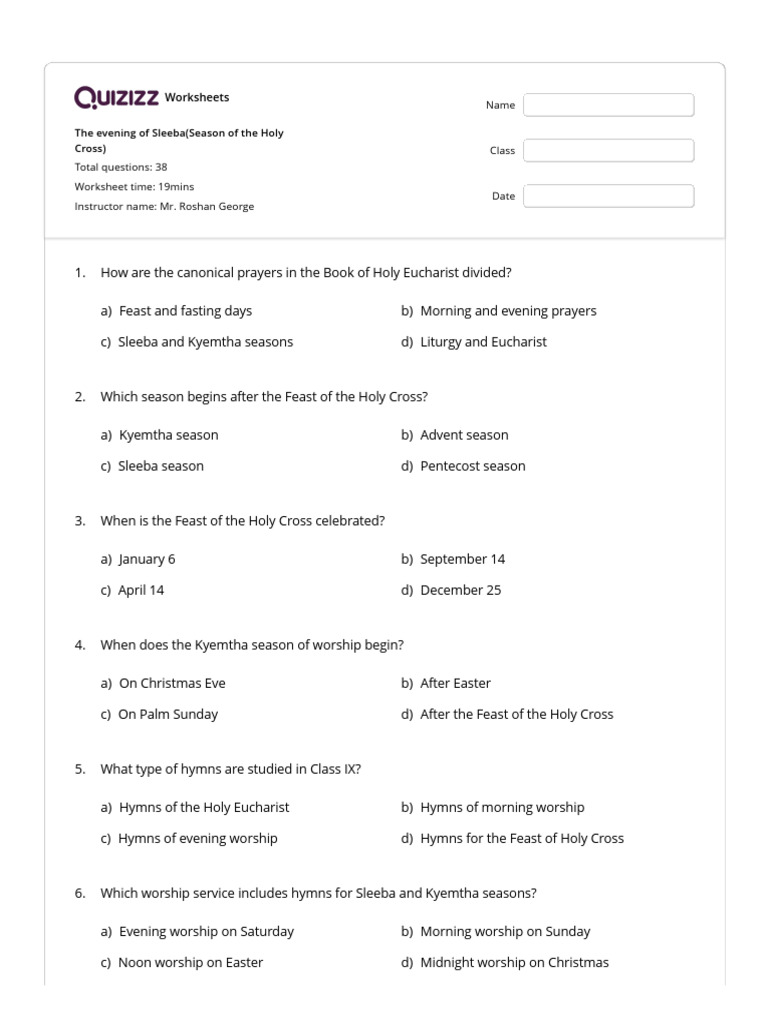 The Evening of Sleeba (Season of The Holy Cross) - Quizizz | PDF ...