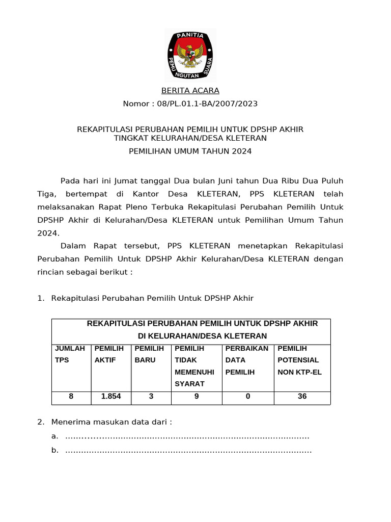 Rekap Perubahan Pemilih DPSHP KLETERAN | PDF