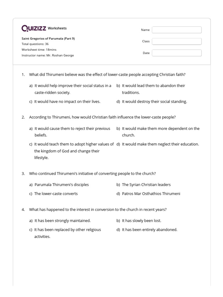 Saint Gregorios of Parumala (Part 9) - Quizizz | PDF | Miracle | Saint