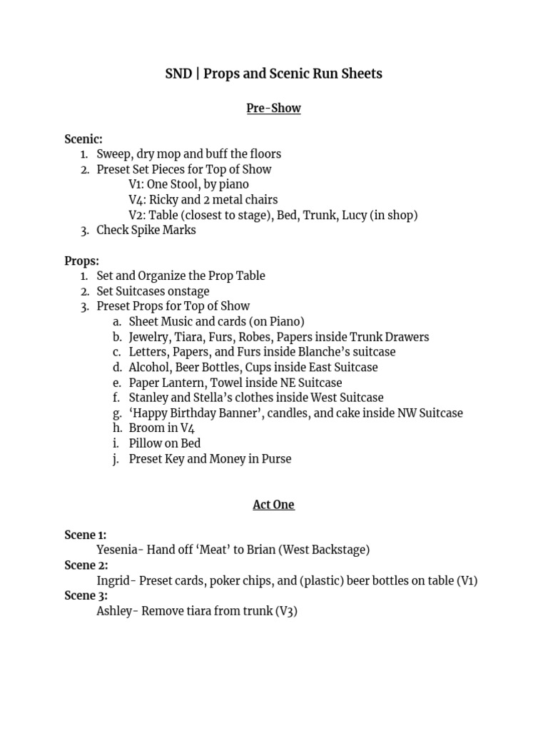 Props and Scenic Run Sheet | PDF