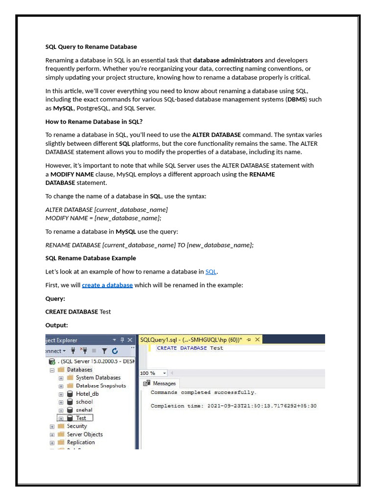 SQL Query To Rename Database | PDF | Databases | Sql SQL Query To Rename Database | PDF | Databases | Sql