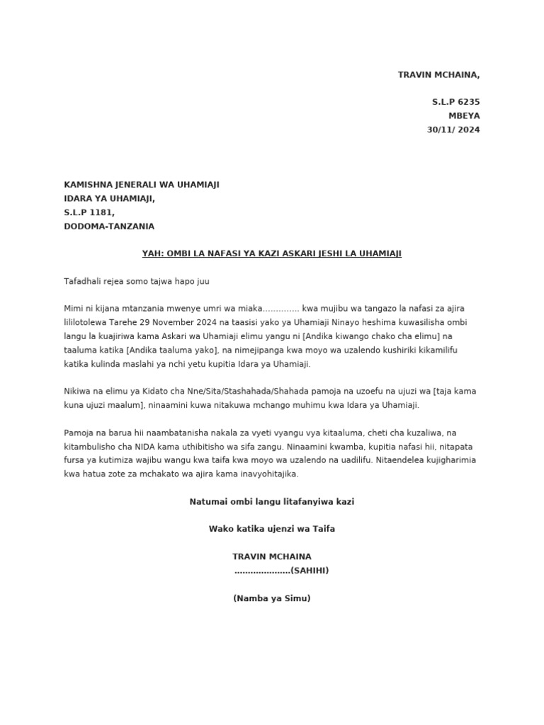 Sample Ya Barua Ajira Za Uhamiaji Mchaina Careers | PDF