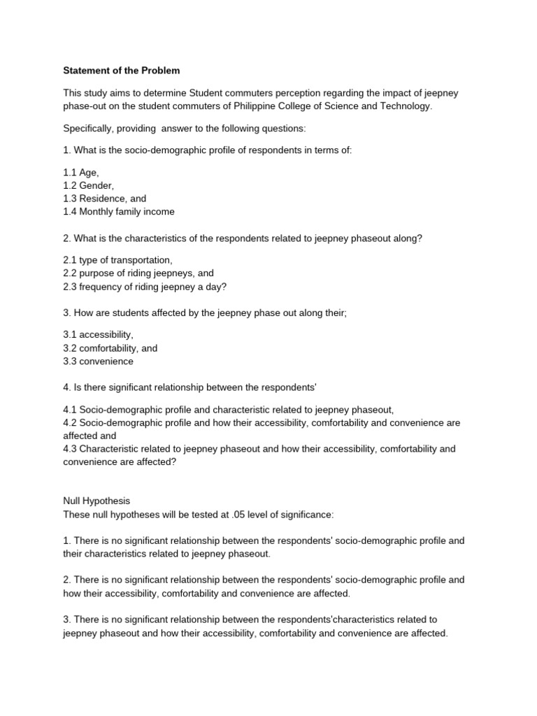 Statement of The Problem | PDF | Commuting | Transport