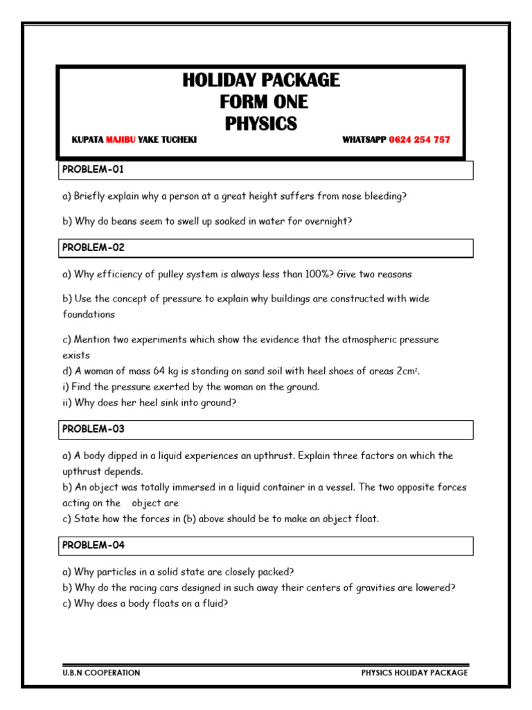 F1 Physics Holiday Package QNS | PDF | Buoyancy | Pressure