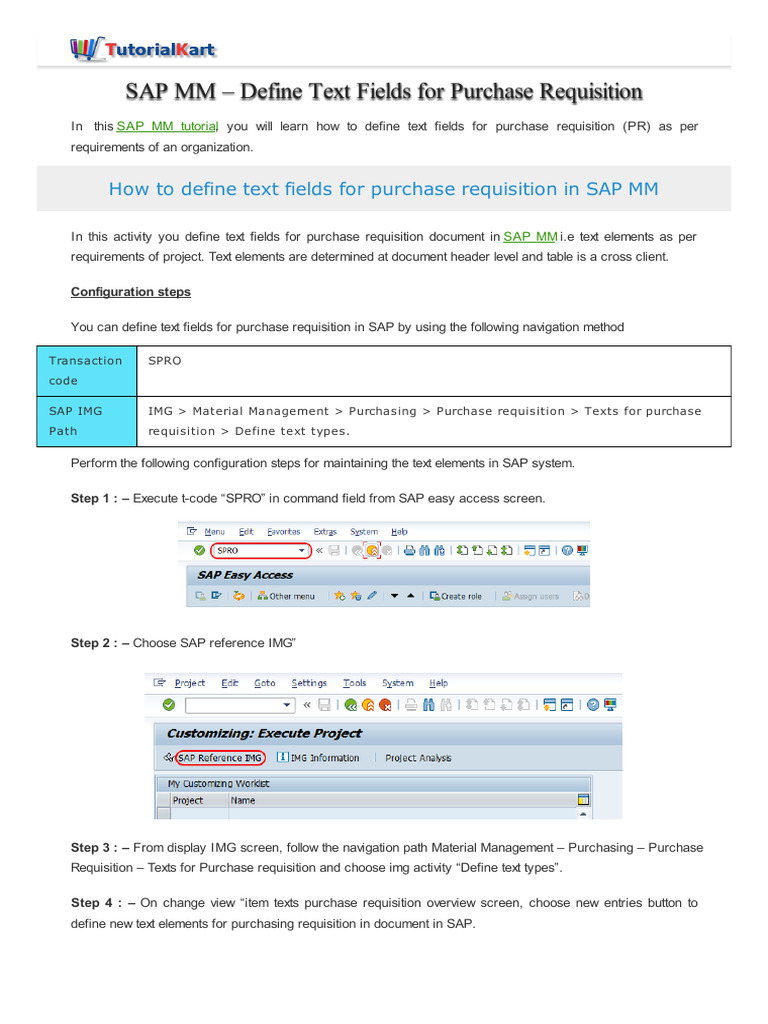 Define Text Fields For Purchase Requisition | PDF | Invoice | Computing