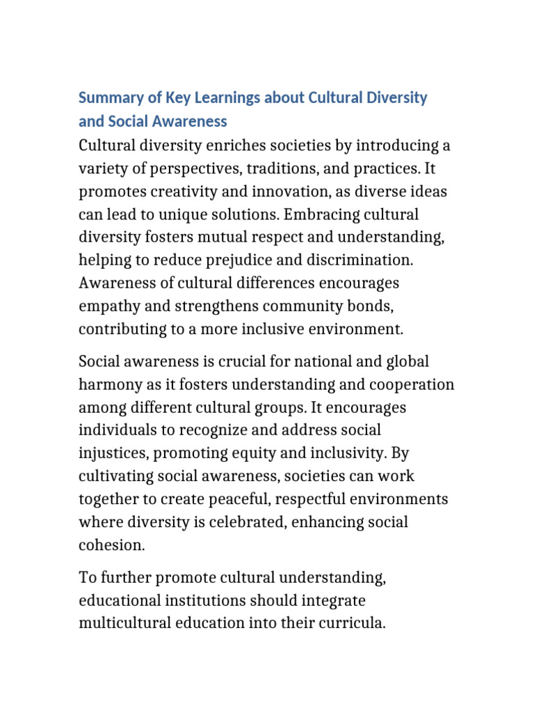 Summary Cultural Diversity Social Awareness | PDF
