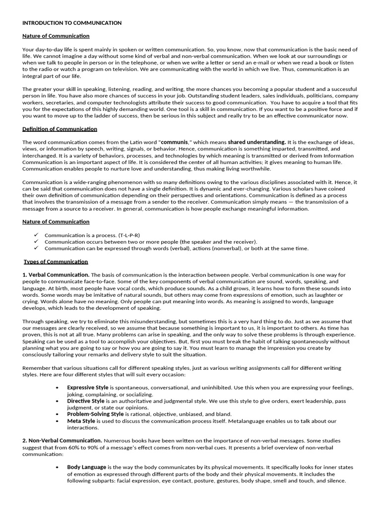 Introduction To Communication | PDF | Communication | Nonverbal ...