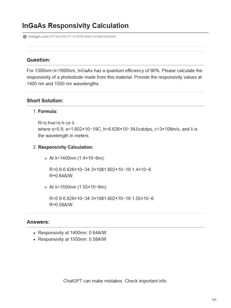InGaAs Photodiode Responsivity Calculation | PDF