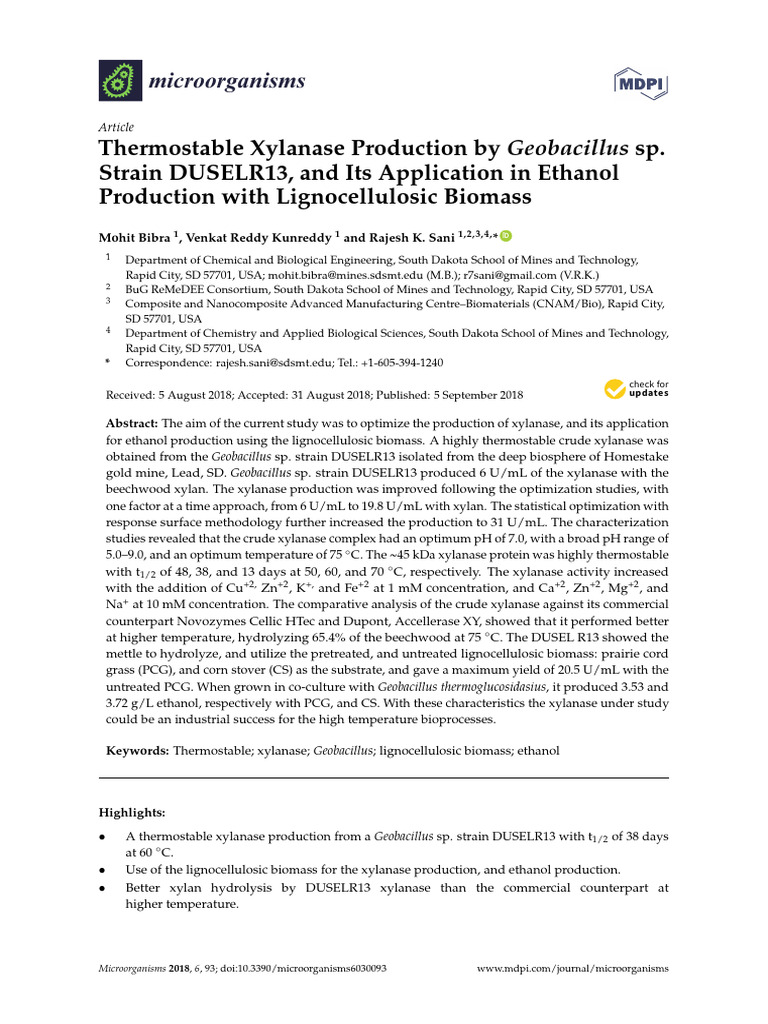 Bibra Et Al 2018 Therostable Xylanase Production by Geobacillus Sp. Strain DUSELR13 | PDF