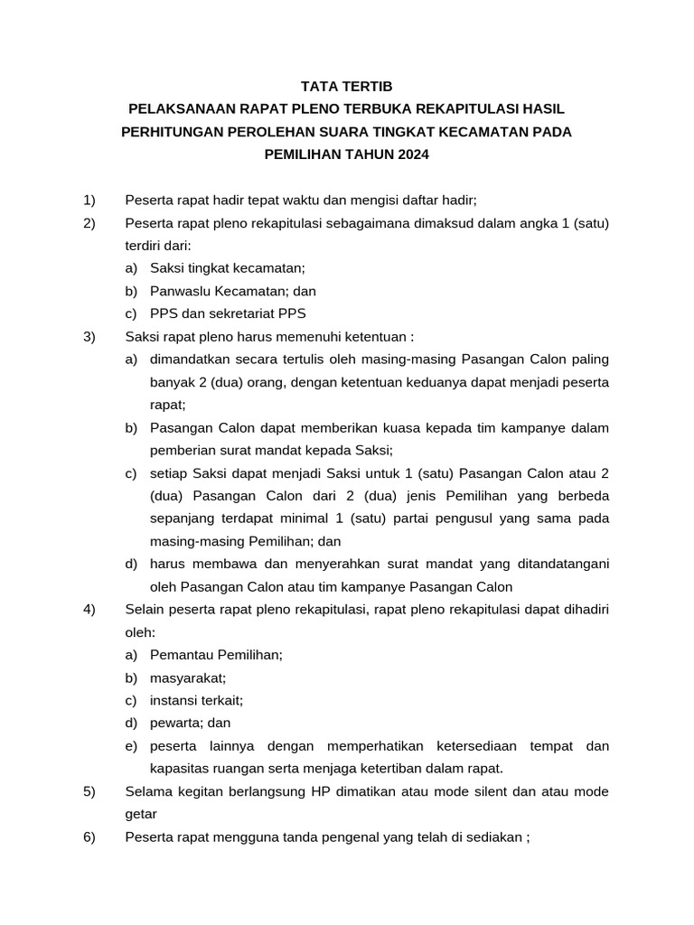Tata Tertib Pleno Rekap Tingkat Kecamatan | PDF