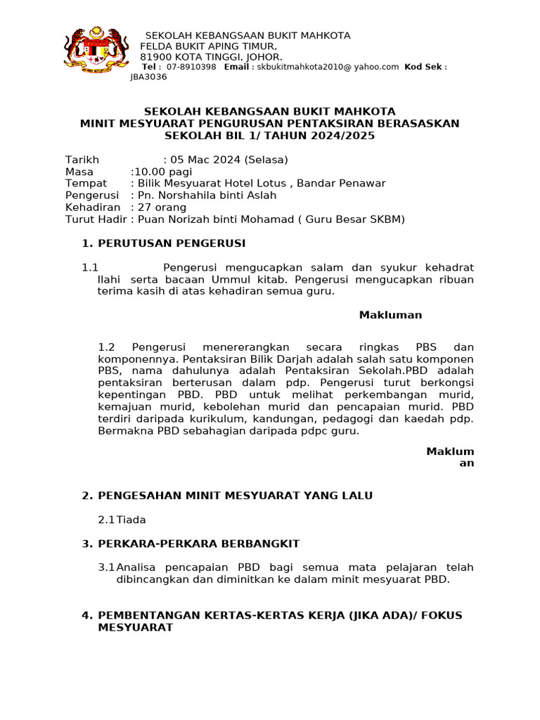 Minit Mesyuarat PBD Bil 1 2024 | PDF