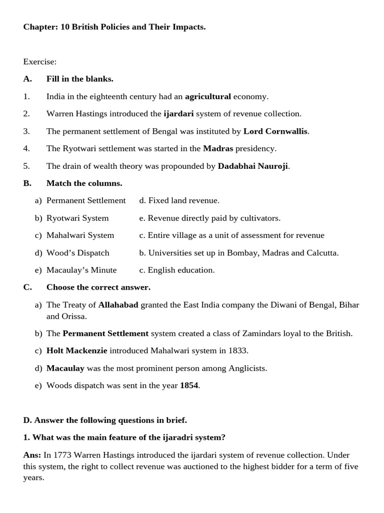 CL 8 History CH 10 Brotish Policies and Impact Solutions | PDF ...