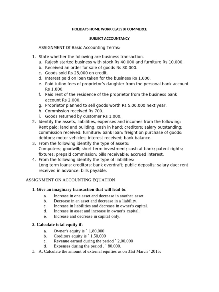 Holidays Home Work Class Xi Commerce | PDF | Utility | Equity (Finance)