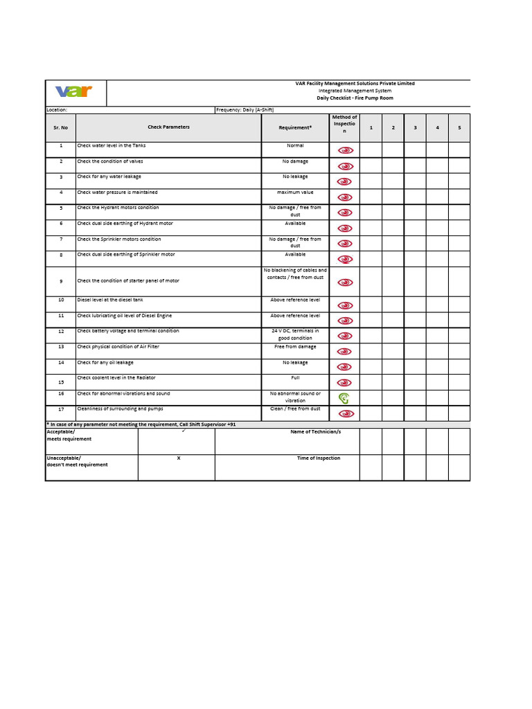 VAR_Fire_Pump_Room_Checklist | PDF | Pump | Diesel Engine