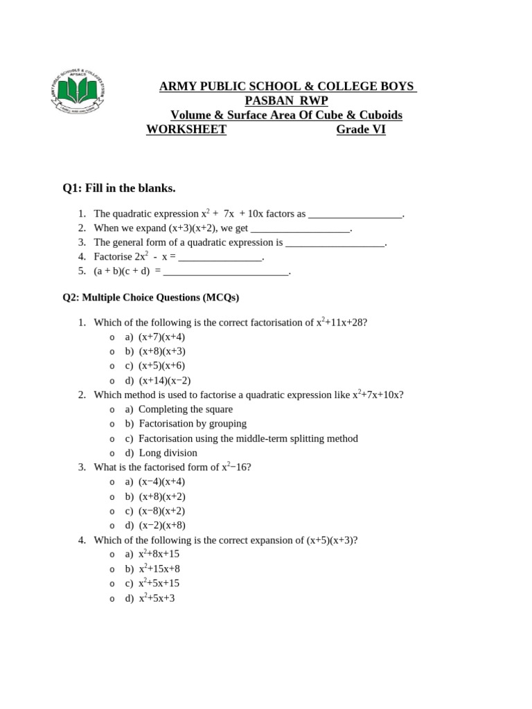 Class 7 Worksheet Further Expansion & Factorisation | PDF